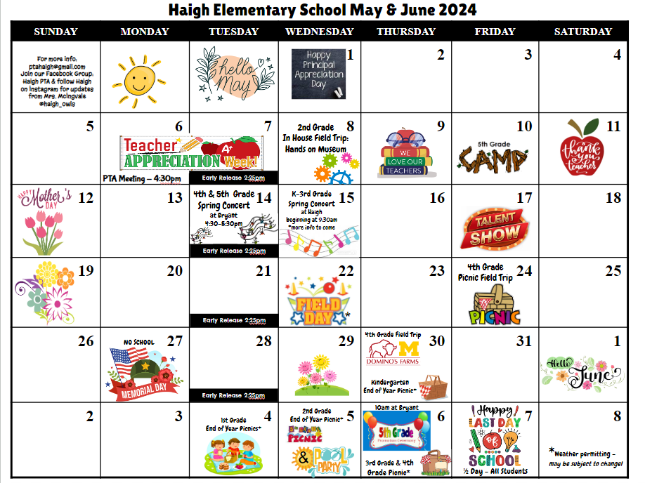 ~Updated PTA Calendar~ – Haigh Elementary School