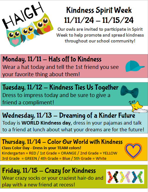 Kindness Spirit Week – NEXT WEEK! – Haigh Elementary School